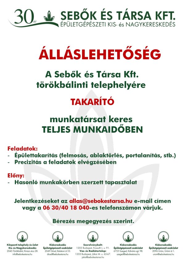 Takarító munkatársat keresünk! – Sebők és Társa Kft.